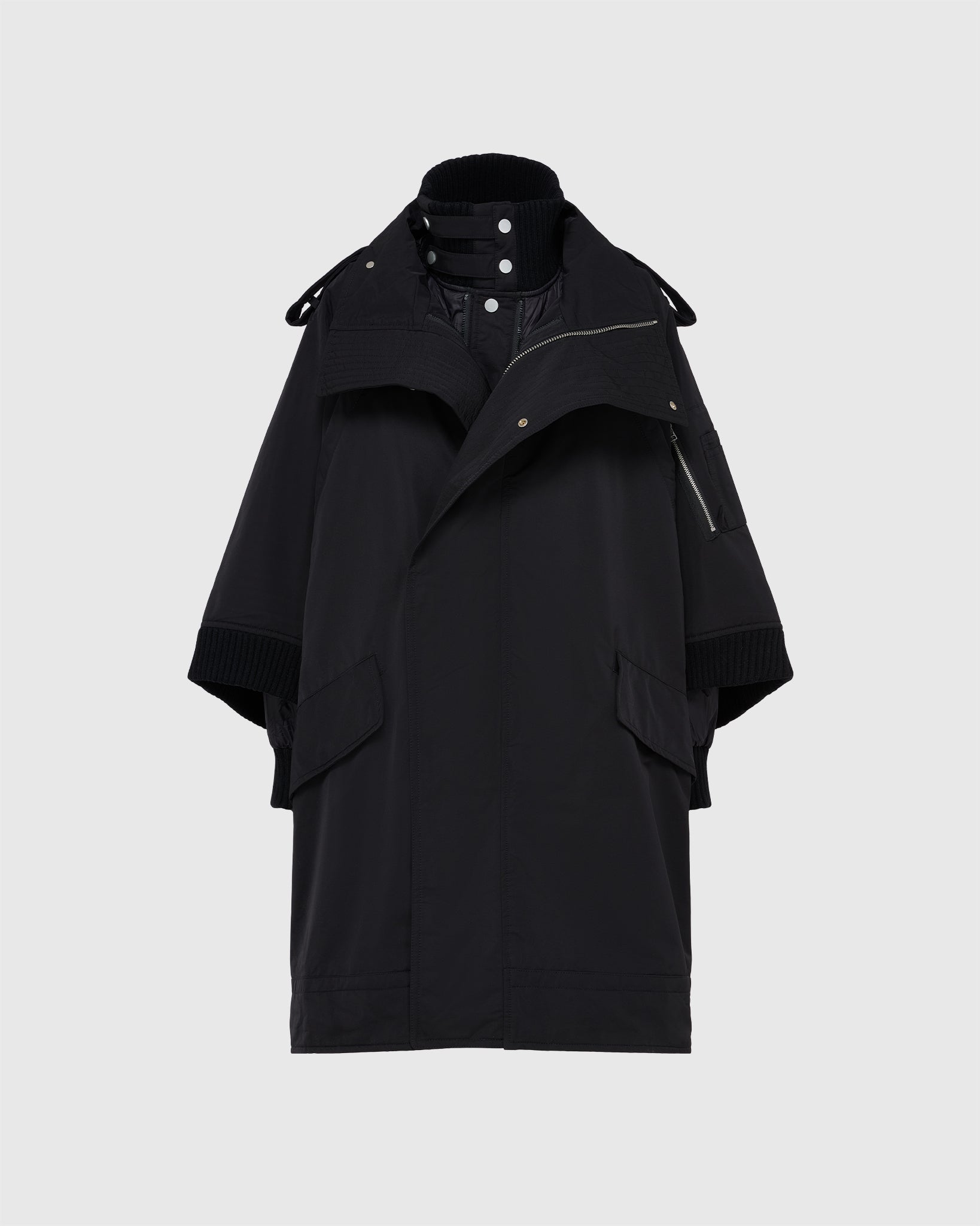 Double Cape Coat in Nylon - Black | WILLIAM FAN
